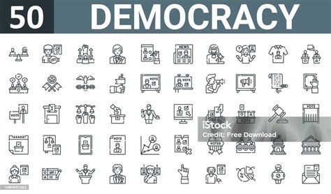 평등 유권자 사람 대통령 투표 신문 보고서 프리젠 테이션 다이어그램 웹 디자인 모바일 앱을위한 대법원 벡터 얇은 아이콘과 같은 50 개의 개요 웹 민주주의 아이콘 세트