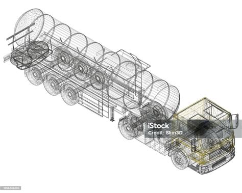 흰색 배경에 고립 된 검은 색 라인에서 가솔린의 수송탱크 트럭의 와이어 프레임 물품 운송을 위한 탱크가 있는 트럭 등등 측정 보기 3d 벡터 일러스트레이션 트럭에 대한 스톡
