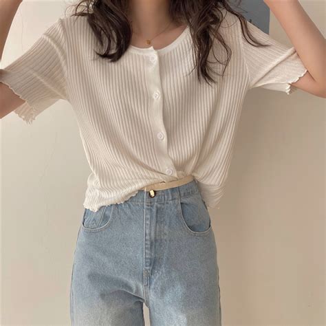 Áo Thun Cardigan Ngắn Tay Cổ Tròn Phối Viền Bèo Dáng Ôm Body Thời Trang
