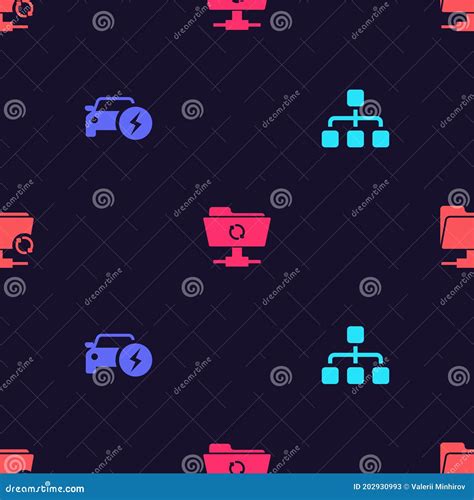 Set Hierarchy Organogram Chart Electric Car Ftp Sync Refresh And On Seamless Pattern Vector