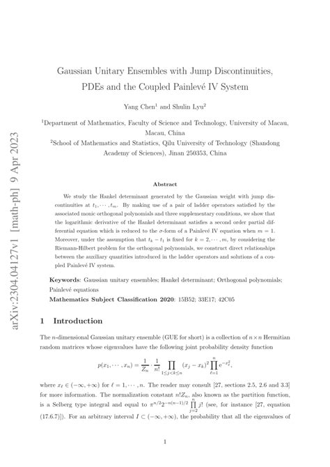 Pdf Gaussian Unitary Ensembles With Jump Discontinuities Pdes And