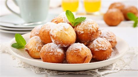 Premium Photo A Plate Of Powdered Sugar Covered Donuts With A Cup Of Juice