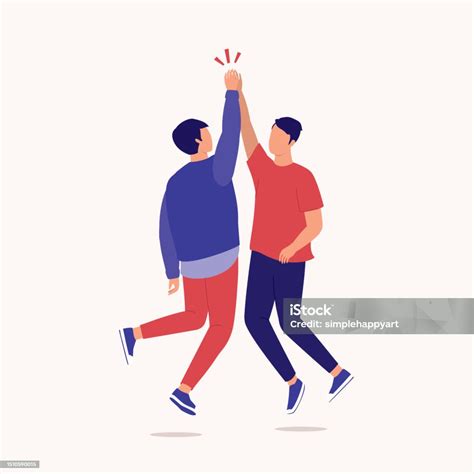 Two Men Jumping Up With High Five Gesture Stock Illustration - Download Image Now - Arms Raised ...
