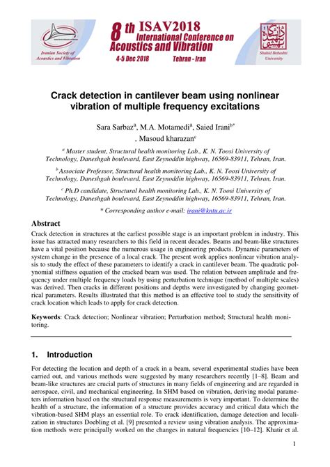 Pdf Crack Detection In Cantilever Beam Using Nonlinear Vibration Of