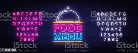 음식 메뉴 네온 사인 벡터입니다 레스토랑 메뉴 네온 사인 디자인 서식 파일 현대 동향 디자인 밤 네온 간판 밤 밝은 광고 빛 배너 라이트 아트 벡터 텍스트 편집 네온 사인