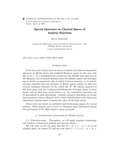 Pdf Special Operators On Classical Spaces Of Analytic Functions