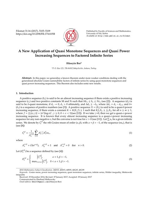 Pdf A New Application Of Quasi Monotone Sequences And Quasi Power