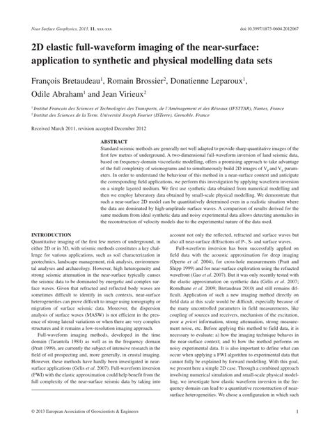 Pdf 2d Elastic Full Waveform Imaging Of The Near Surface Application To Synthetic And