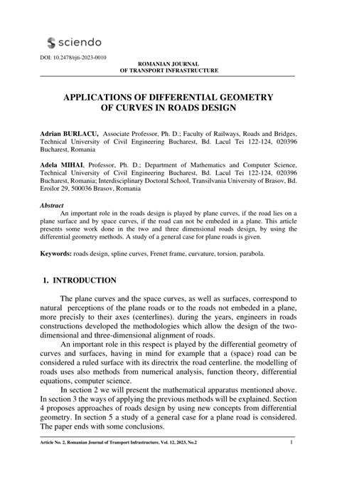 Pdf Applications Of Differential Geometry Of Curves In Roads Design