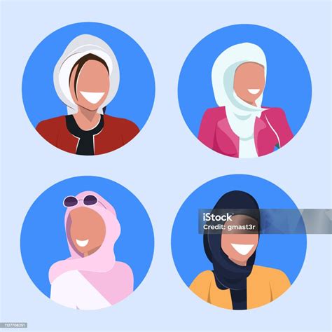 얼굴 아바타 행복 아랍어 여자 Hijab 무슬림 여성 만화 캐릭터 컬렉션 초상화 플랫을 입고 아랍 여자를 설정 중동 민족에 대한