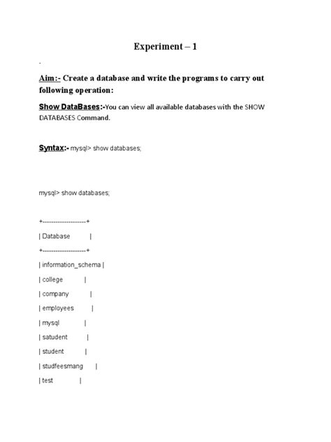 Experiment No 1 Dbms Creating A Database Pdf Databases