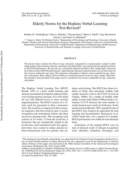 Pdf Elderly Norms For The Hopkins Verbal Learning Test Revised