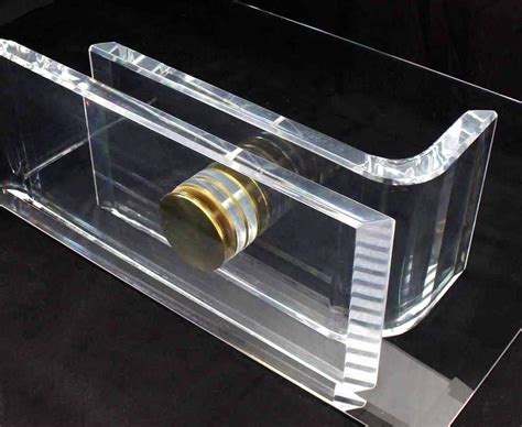 Large Rectangular Glass Top Thick Lucite And Brass Base Coffee Table At 1stdibs