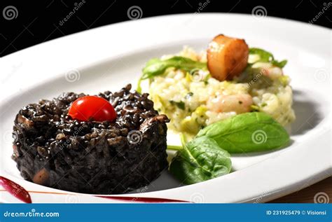Fine Dining Black Risotto With Squid Ink And Seafood Risotto Stock Image Image Of Light