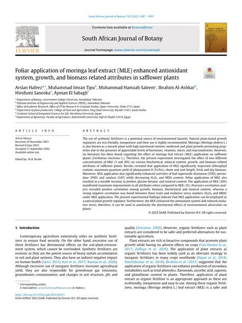 Pdf Foliar Application Of Moringa Leaf Extract Mle Enhanced Antioxidant System Growth And