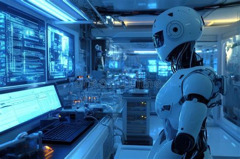 High Tech Laboratory Featuring A Robot Interacting With Computer Screens And Advanced Technology