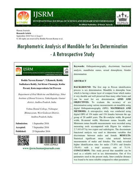 Pdf Morphometric Analysis Of Mandible For Sex Determination A