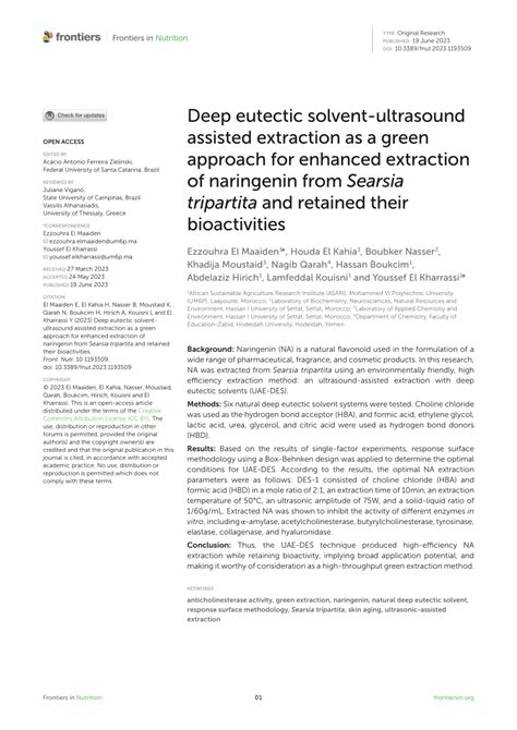 Pdf Deep Eutectic Solvent Ultrasound Assisted Extraction As A Green Approach For Enhanced