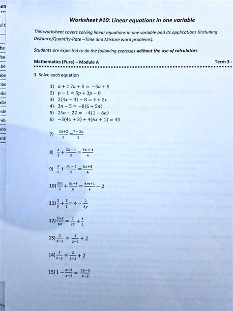 Solved Worksheet 10 Linear Equations In One Variable This Worksheet