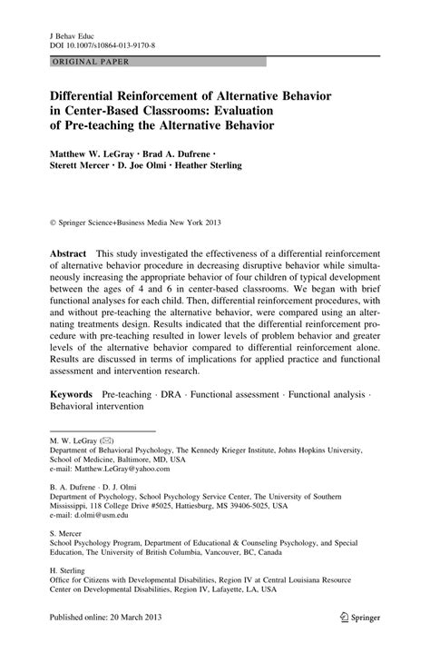 Pdf Differential Reinforcement Of Alternative Behavior In Center