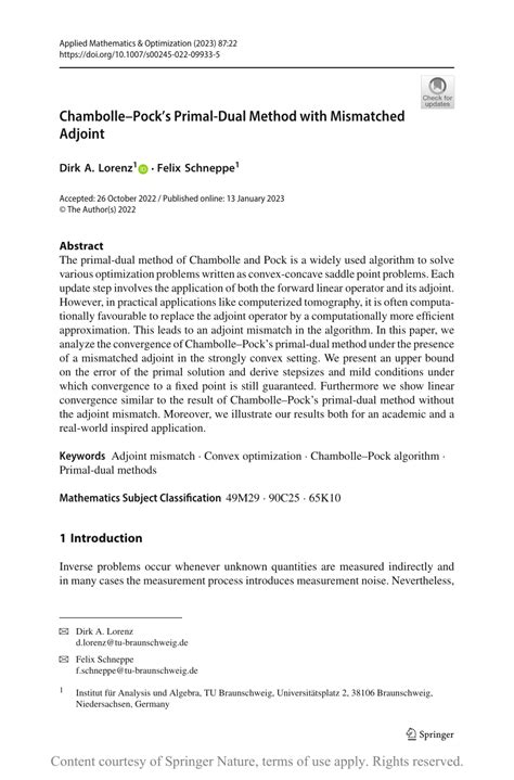 Pdf Chambollepocks Primal Dual Method With Mismatched Adjoint