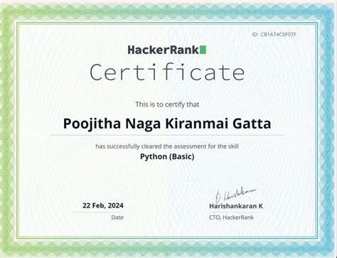 earned hackerrank certificate in python poojitha gatta posted on the