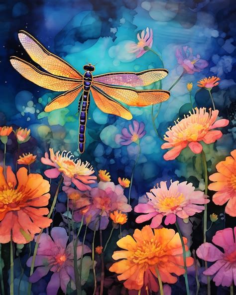 Colorful Sky Background With Dragonflies Premium Ai Generated Image