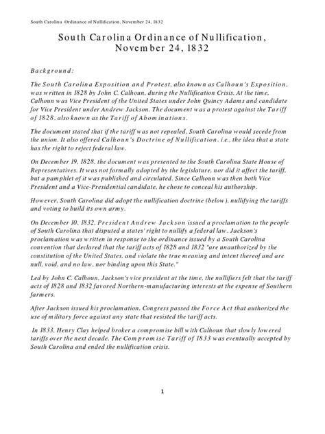 South Carolina Ordinance Of Nullification Nullification U S