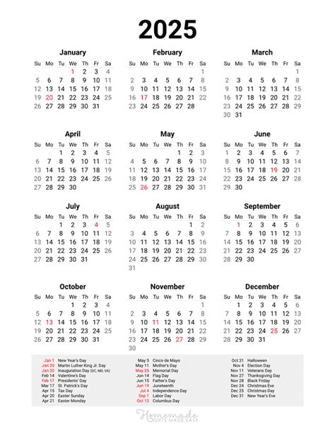 Yearly Calendar With Holidays Printable Plan Your Year Ahead