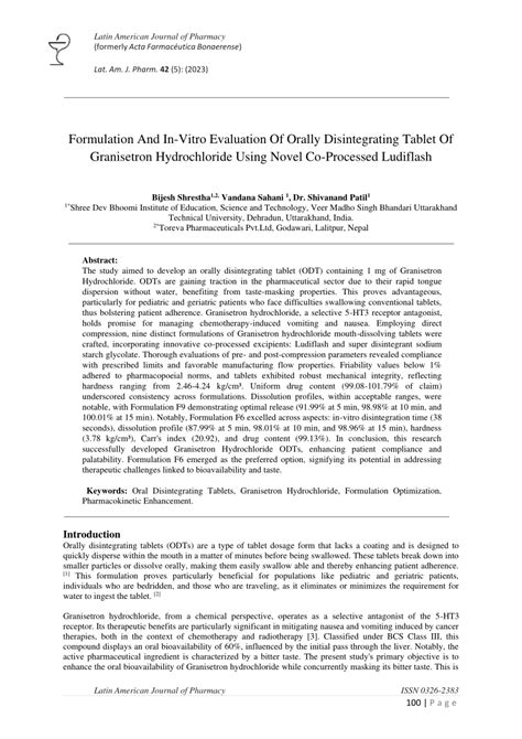 Pdf Formulation And In Vitro Evaluation Of Orally Disintegrating Tablet Of Granisetron