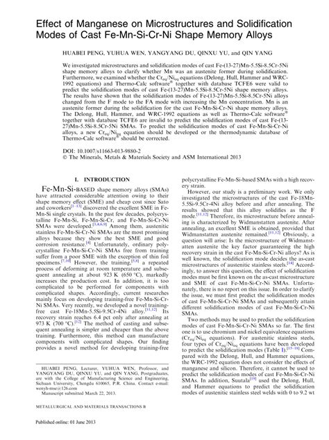 Pdf Effect Of Manganese On Microstructures And Solidification Modes Of Cast Fe Mn Si Cr Ni