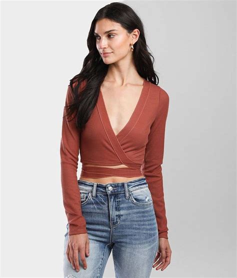 Hyfve Ribbed Wrap Tie Top Womens Shirts And Blouses In Ginger Buckle