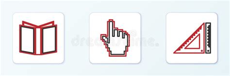 Set Line Triangular Ruler Open Book And Pixel Hand Cursor Icon Vector Stock Illustration