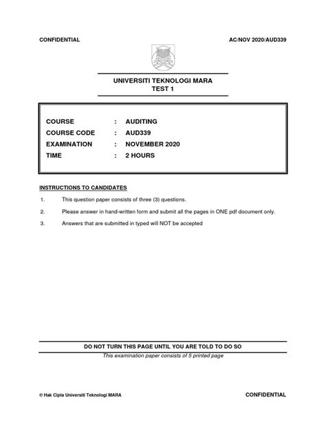 Test 1 Aud339 Nov2020 Qs Pdf Audit Financial Audit