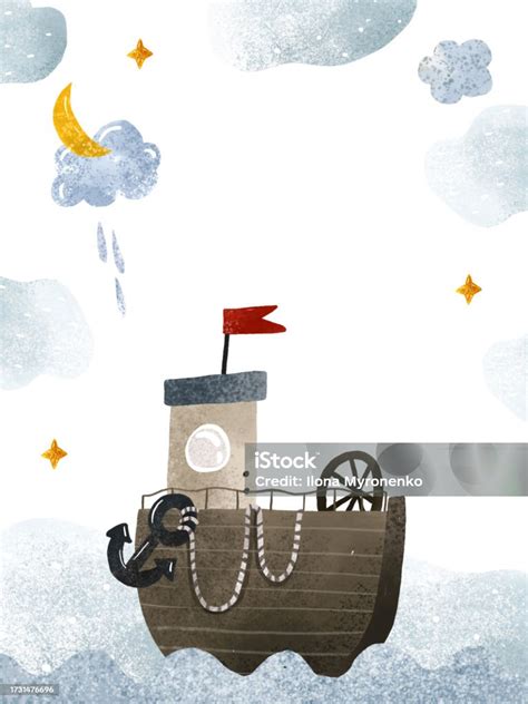 증기선과 닻이 있는 포스터 공해의 붉은 깃발 비구름이 있는 풍경 오세아니아 강 파도와 푸른 물이 있는 바다 풍경 어린이 파티 초대 관광에 대한 스톡 벡터 아트 및 기타