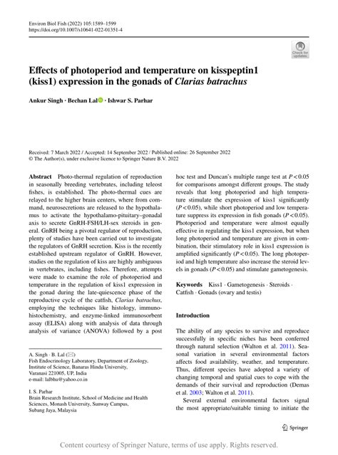 Effects Of Photoperiod And Temperature On Kisspeptin1 Kiss1