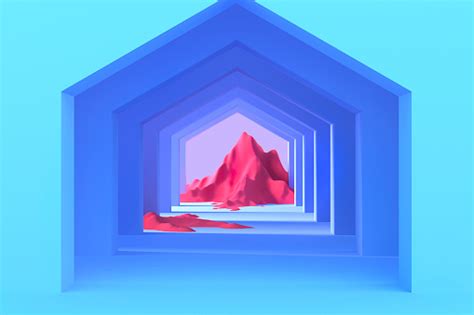 최소한의 파스텔 추상적 인 배경과 제품의 프리젠 테이션 및 전시회를위한 모의 파란 벽에있는 다섯 면의 아치가 원근감이 있고