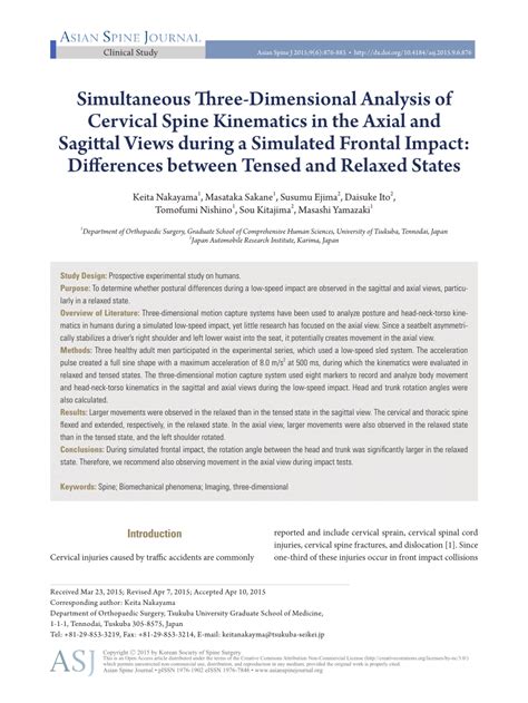 Pdf Simultaneous Three Dimensional Analysis Of Cervical Spine Kinematics In The Axial And