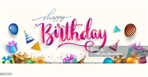 생일 축 하에 대 한 풍선 색종이와 선물 상자 디자인 서식 파일 인사말 카드와 포스터에 대 한 행복 한 생일 타이포 그래피 벡터 디자인 공휴일에 대한 스톡 벡터 아트 및