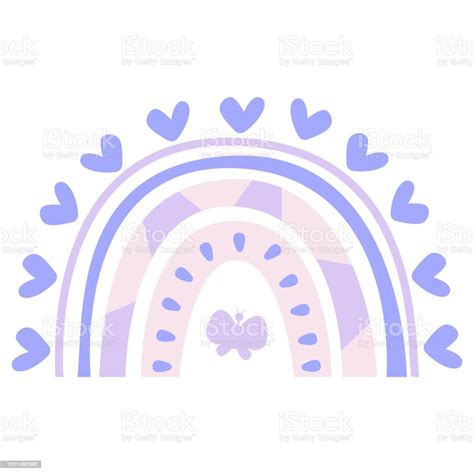 놀이방과 아이들을위한 보호 보육 무지개 프린트 중립적 인 성별 색상이있는 아기 침실흰색 배경에 고립 된 심장이있는 귀여운 벡터 파스텔 무지개 0명에 대한 스톡 벡터 아트 및