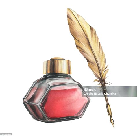 유리 투명 잉크병 금색 뚜껑이 있는 빨간 잉크 항아리 깃펜 깃털이 있는 금색 펜 손으로 그린 수채화 그림 발렌타인 데이 컬렉션의 흰색 배경에 격리된 개체 집합 금 금속에