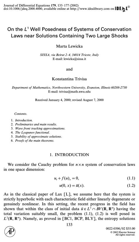 Pdf On The L 1 Well Posedness Of Systems Of Conservation Laws Near Solutions Containing Two