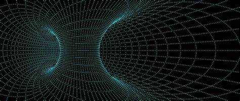 웜홀 와이어프레임 구조 네온 기하학적 점선 윤곽선 그리드 터널 배경 3d 깔대기 또는 소용돌이 프리미엄 벡터