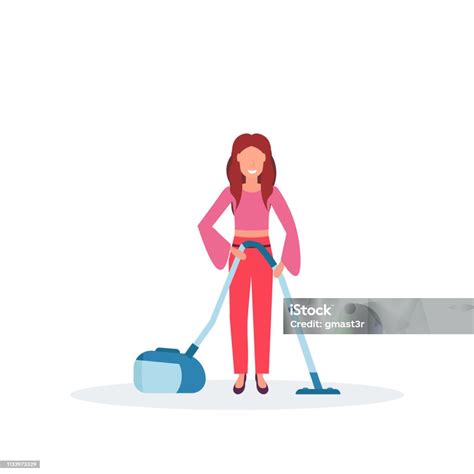진공 청소기 소녀 주부를 사용 하 여 여성 청소 바닥 Vac 여성 만화 캐릭터 전체 길이 플랫 고립 된 벡터 일러스트 레이 션 가사 집안일에 대한 스톡 벡터 아트 및 기타