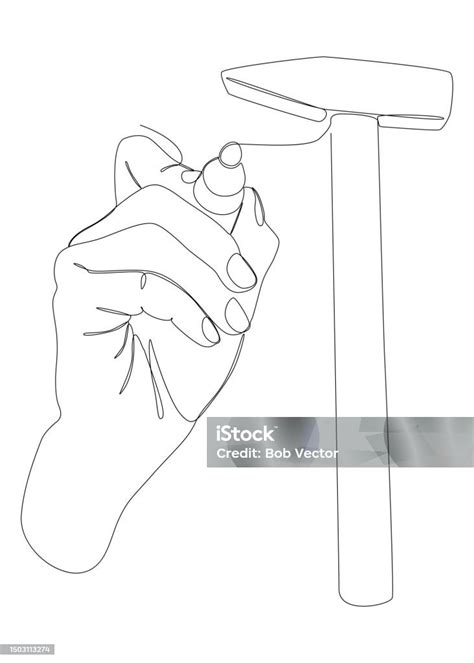 펠트 끝 펜으로 그려진 해머의 연속 선 가는 선 일러스트레이션 벡터 건설 산업 개념입니다 등고선 그리기 창의적인 아이디어 강철에 대한 스톡 벡터 아트 및 기타 이미지