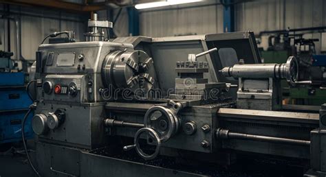 Powerful Industrial Lathe Machine In A Factory Setting Stock