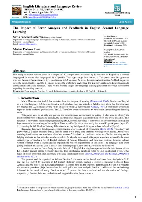 Pdf The Impact Of Error Analysis And Feedback In English Second Language Learning