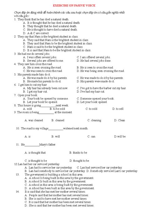Exercise On Pasive Voice Exercise On Pasive Voice Chọn đáp án đúng