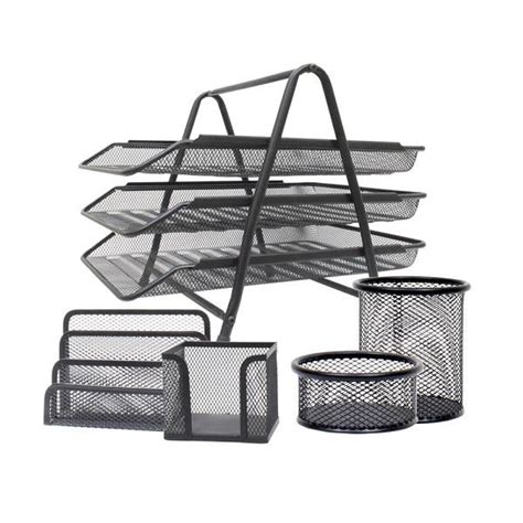 Mesh 5 Pieces Desk Set 3 Trays Black Office Systems Aruba
