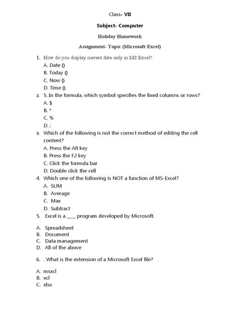 Holiday Homework Assignment Pdf Microsoft Excel Spreadsheet